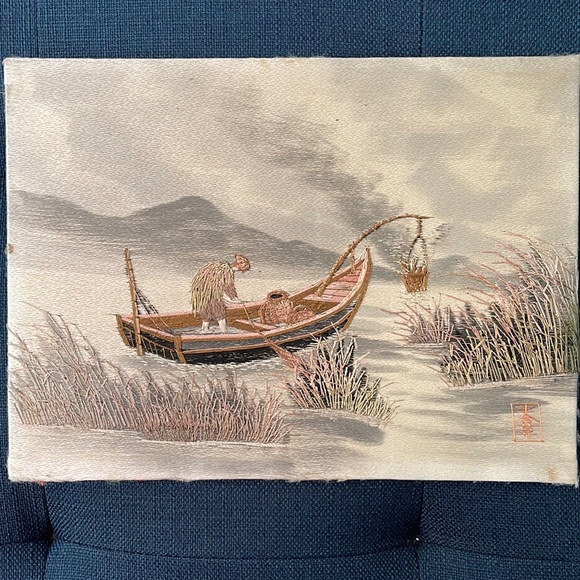 Hand Crafted | Art | Vintage Asian Thread Art Silk Oriental Fisherman ...